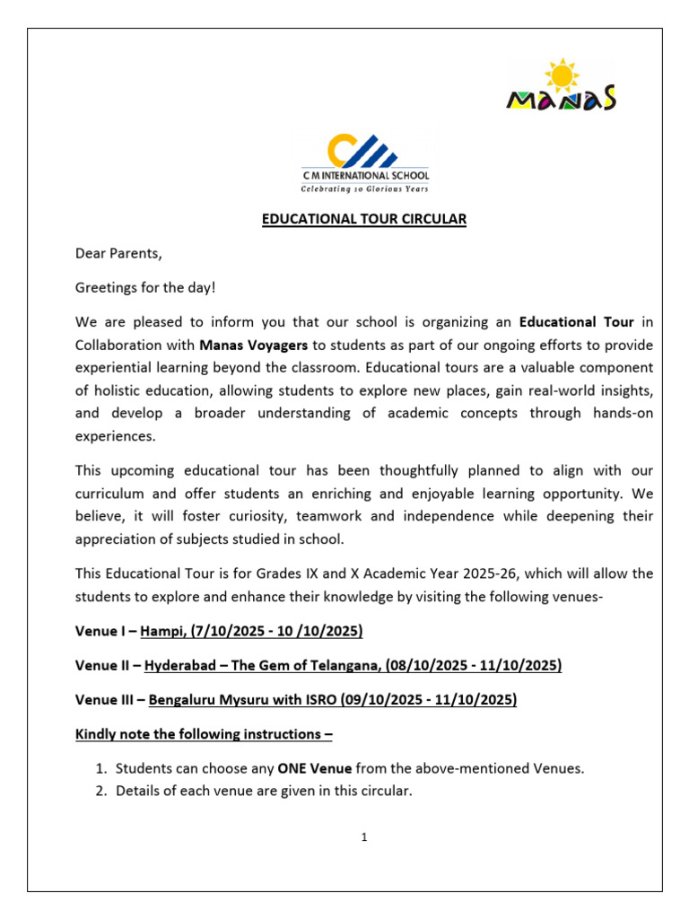 Educational Tour Circular for Students | PDF