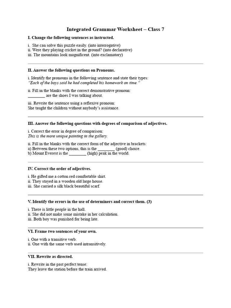 Class 7 Integrated Grammar Worksheet | PDF | Pronoun | Verb
