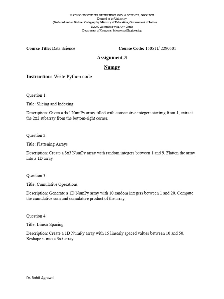 NumPy Data Science Assignments Guide | PDF | Matrix (Mathematics) | Eigenvalues And Eigenvectors
