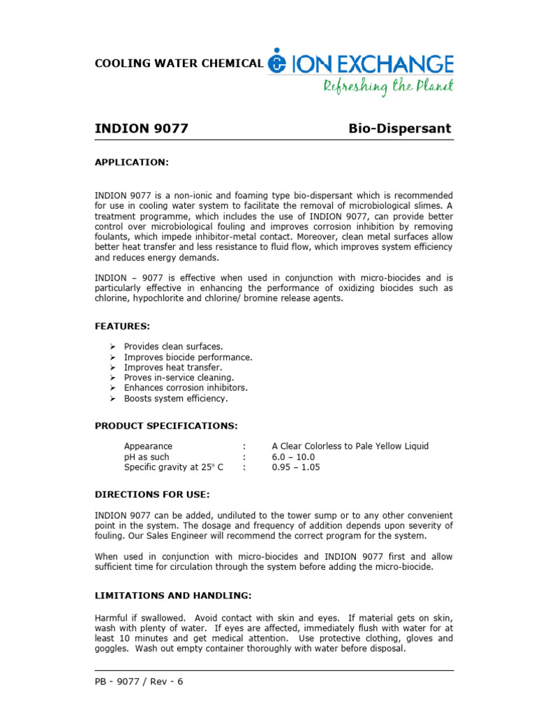 INDION 9077 Bio-Dispersant for Cooling Water | PDF | Water | Corrosion