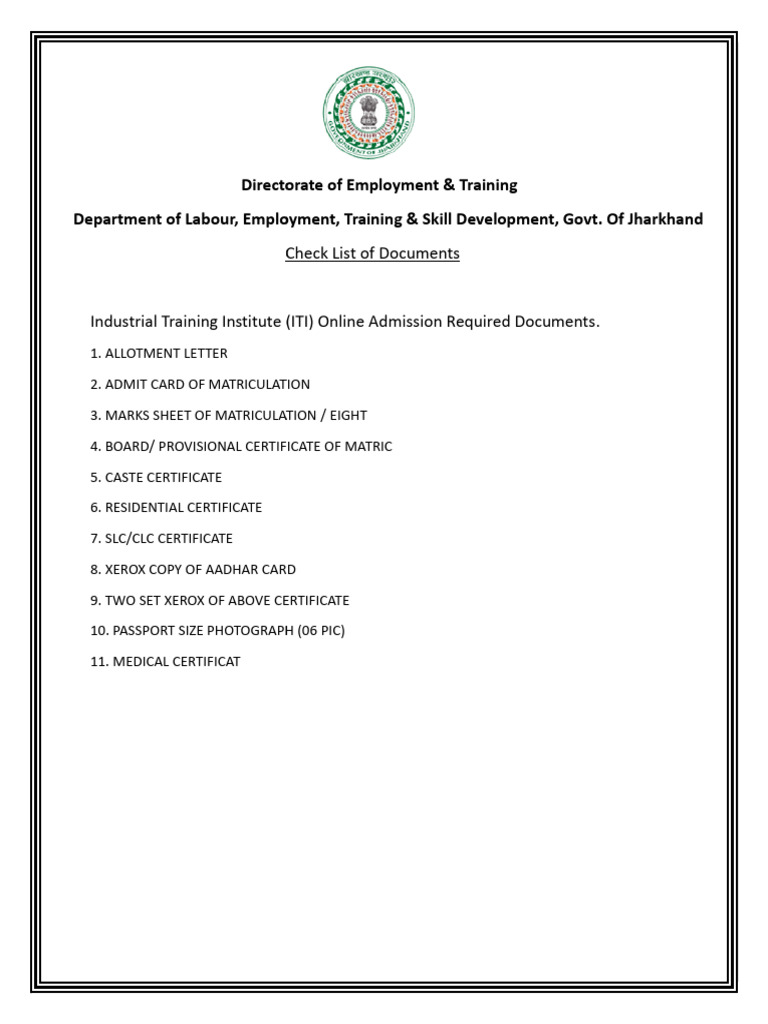 ITI Admission Document Checklist Jharkhand | PDF