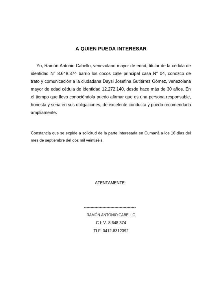 A Quien Pueda Interesar. Daysi | PDF