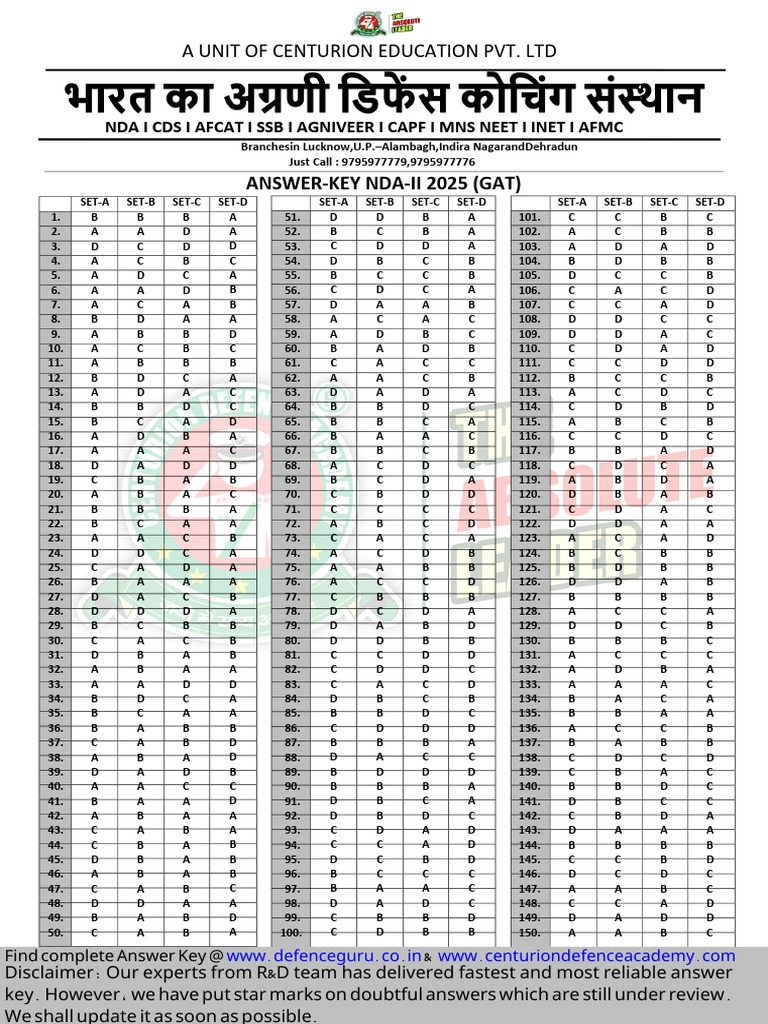 NDA 2 2025 GAT Answer Key Sets A-D | PDF | Chess | Chess Theory