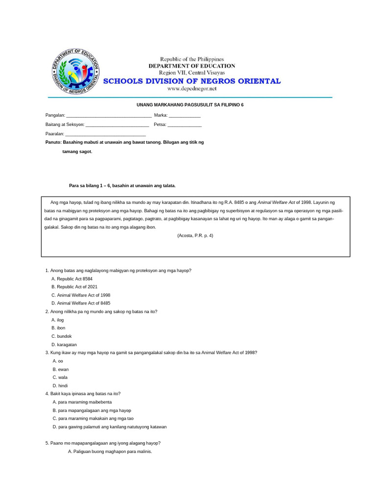 Q1 Filipino 6 Assessment Final | PDF