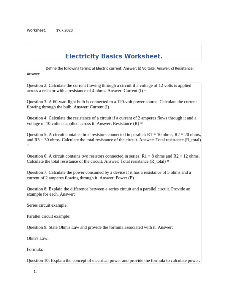 Electricity Basics Worksheet Answers | PDF