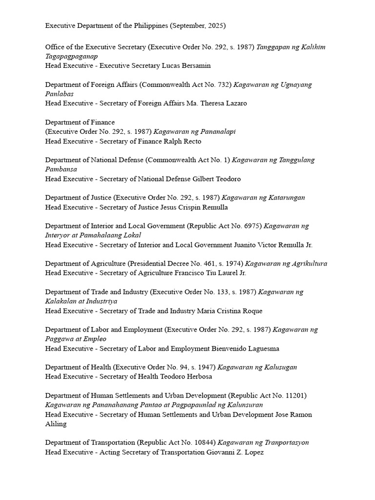 Executive Department of The Philippines (September, 2025) | PDF ...