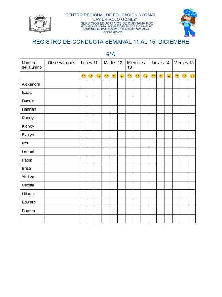 Registro de Conducta Semanal 6°A | PDF