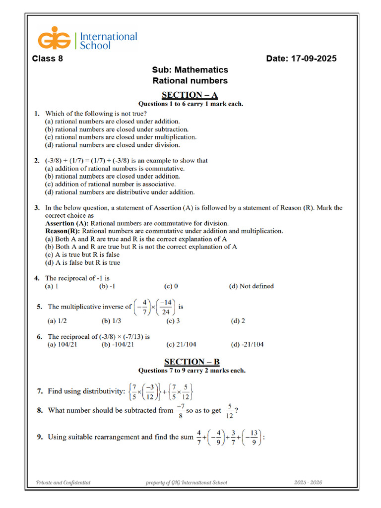 Class 8enrichment Worksheet - Rational Numbers | PDF