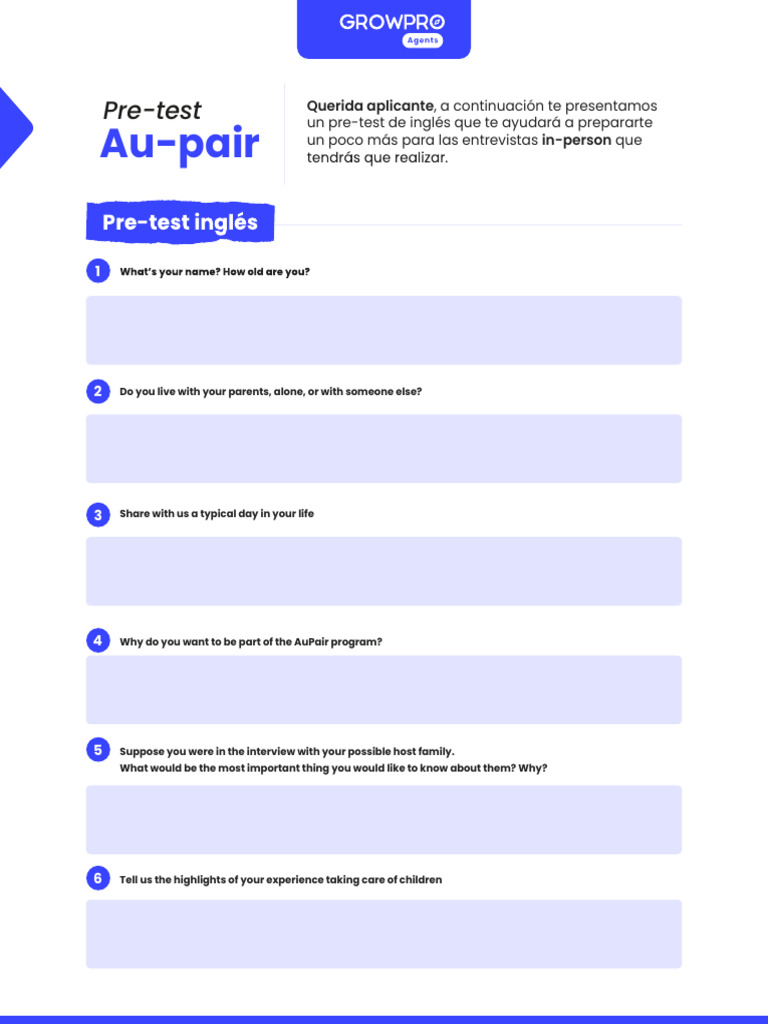 Pre-test de Inglés para Au Pair | PDF