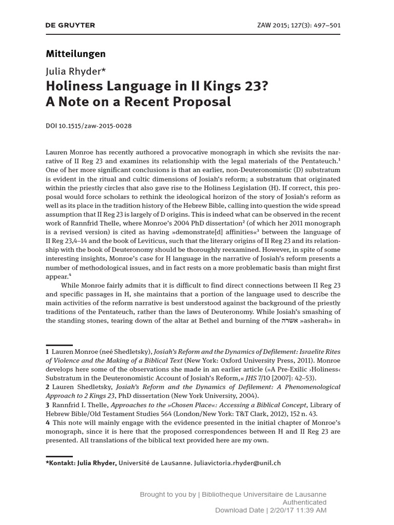 RHYDER, Julia - Holiness Language in II Kings 23 - A Note On A Recent ...