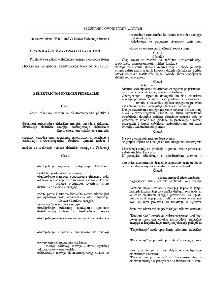 Zakon o Elektricnoj Energiji SNFBiH 60-23 | PDF