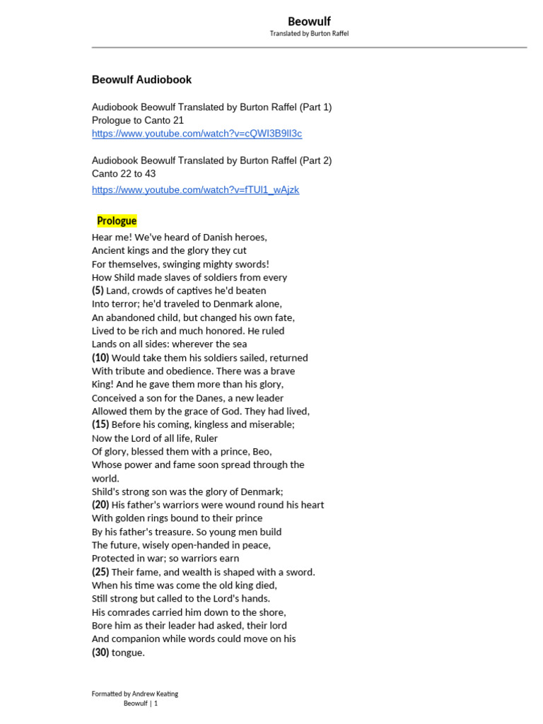 Beowulf: Translation by Burton Raffel | PDF | Beowulf