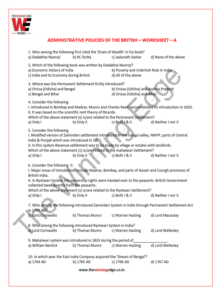 Administrative Policies of The British - Worksheet - A | PDF | British ...