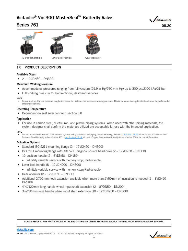 Victaulic Vic-300 MasterSeal™ Butterfly Valve Series 761 | PDF | Valve ...
