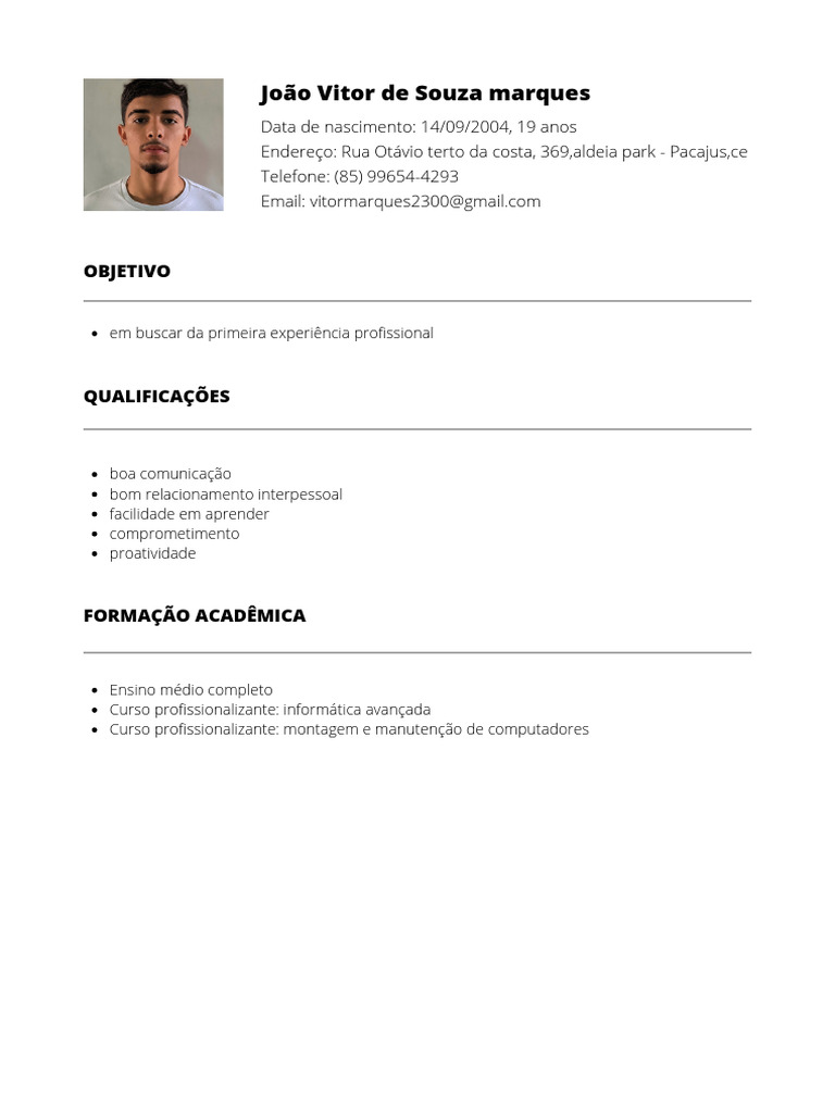 Currículo Simples Profissional - Formação, Experiência, Cursos e ...