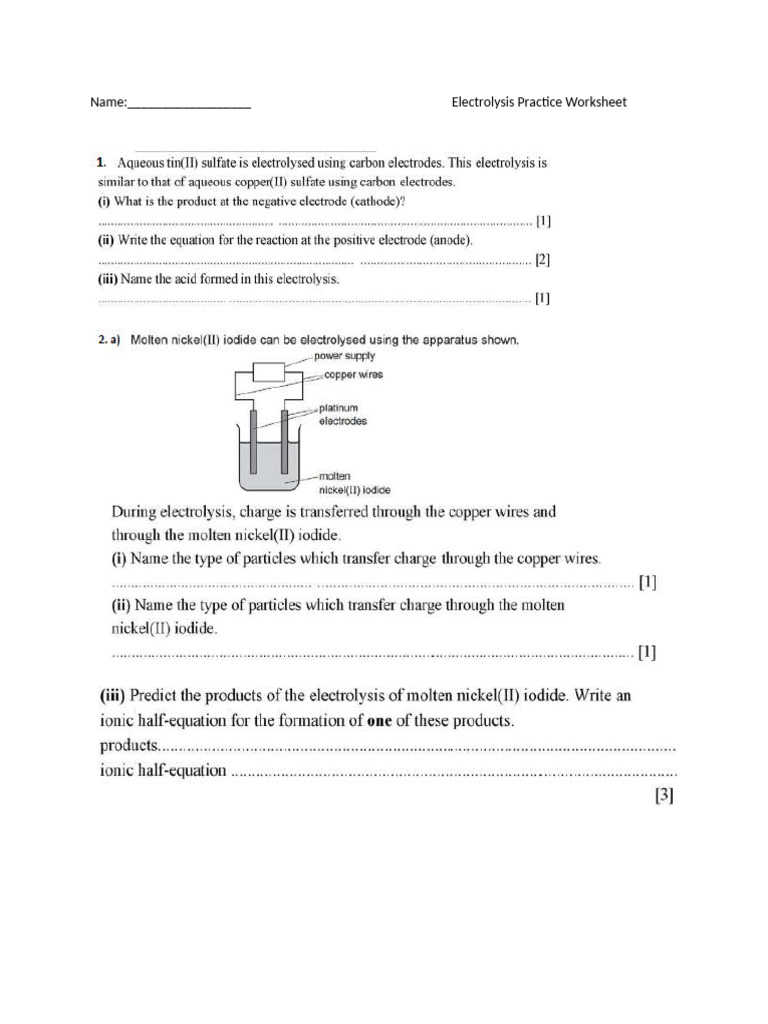 Electrolysis Practice Worksheet | PDF