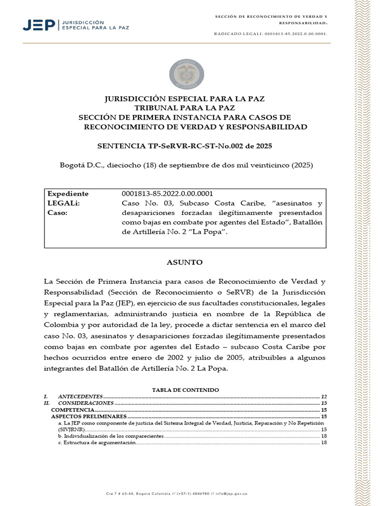 Sentencia JEP sobre Batallón La Popa | PDF | Justicia transicional ...