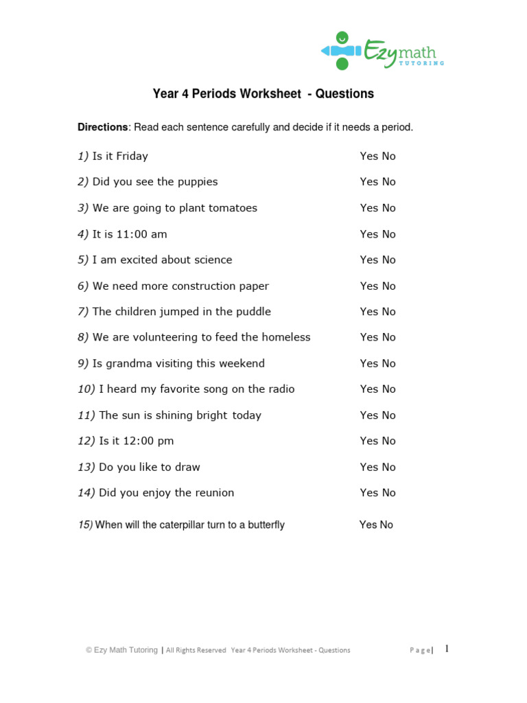 Year 4 Periods Worksheet Questions | PDF