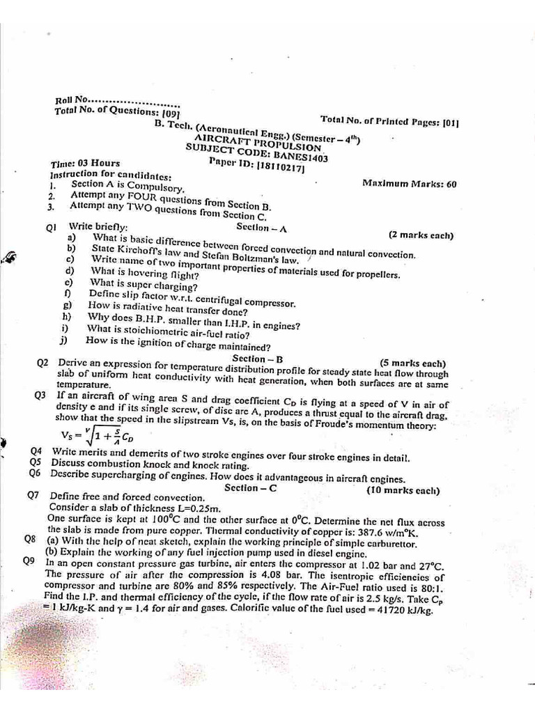 Aircraft Propulsion Previous Year Questions Papers | PDF