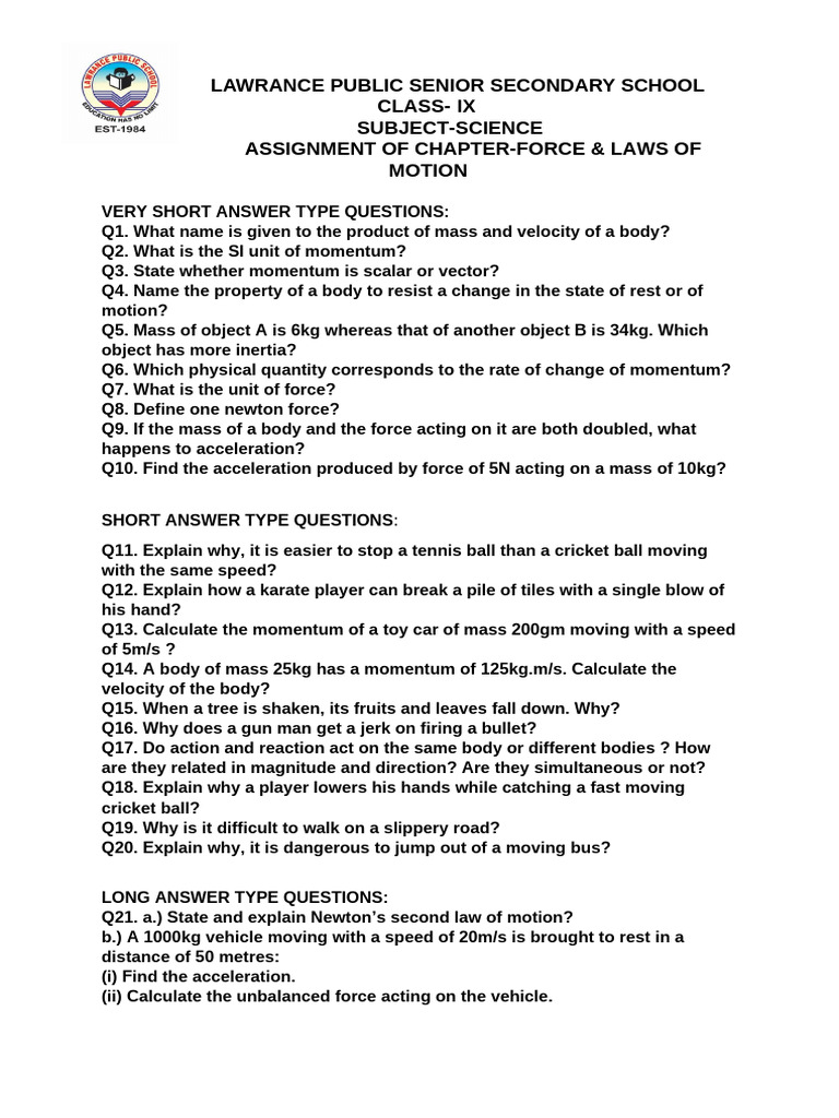 Class IX Science: Force & Motion Assignment | PDF | Force | Velocity