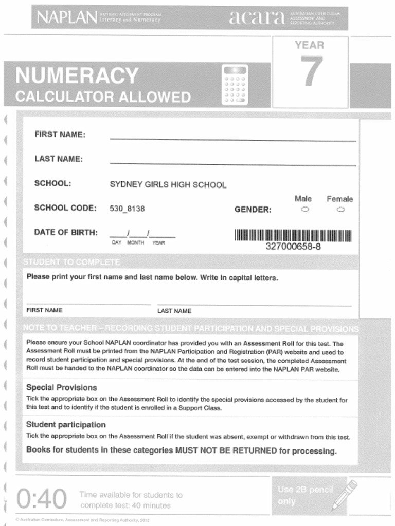 2012 NAPLAN Year 7 - Calculator Allowed | PDF