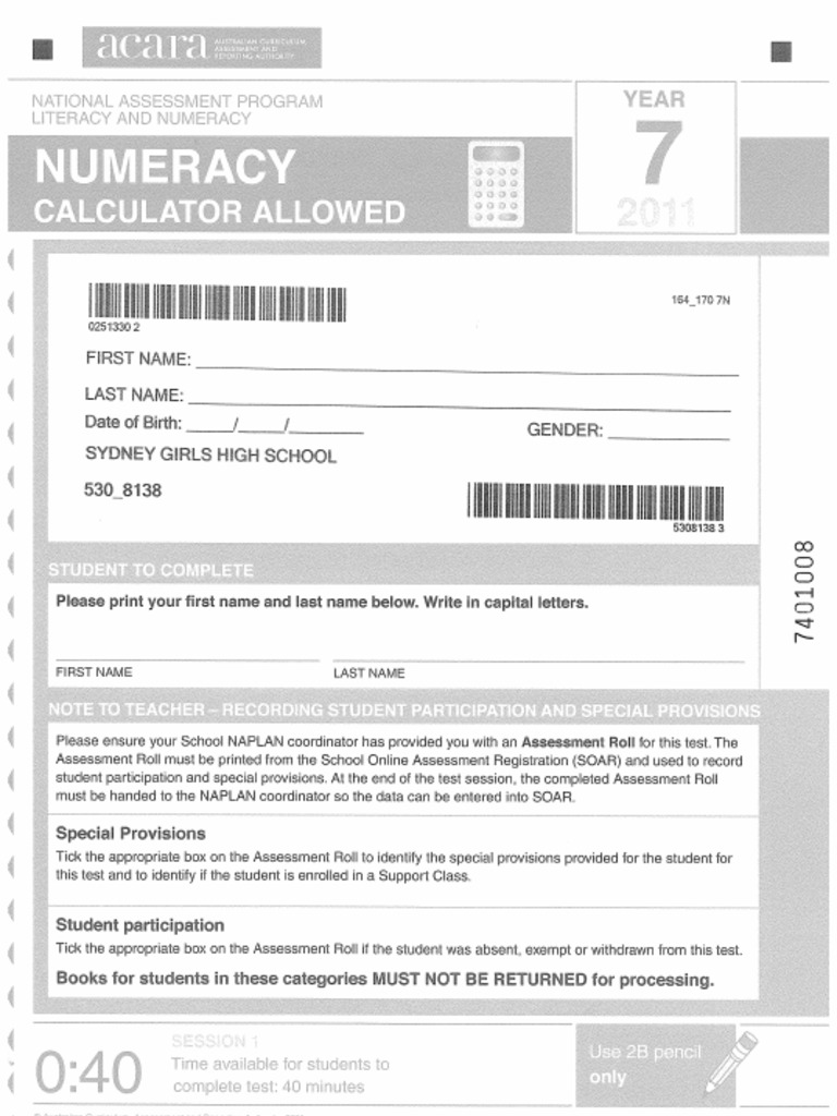 2011 NAPLAN Year 7 Calculator Allowed | PDF