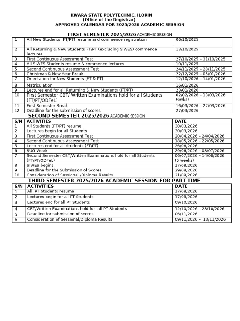 Approved Academic Calendar For 2025-2026 Academic Session ... | PDF ...