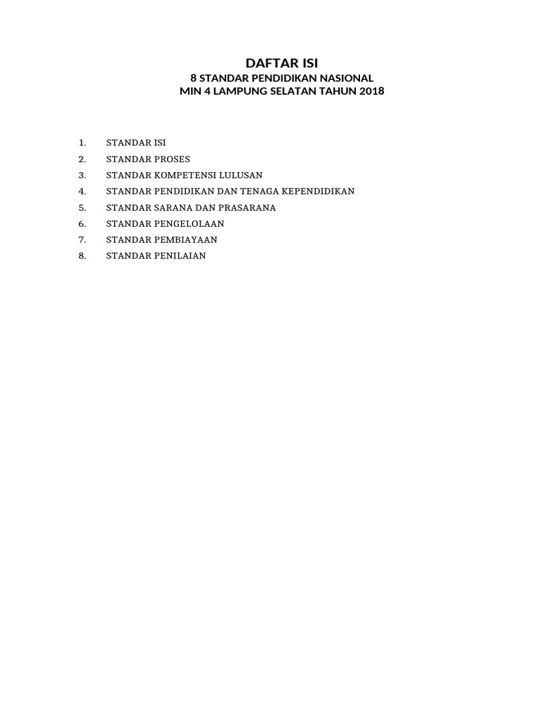 Daftar Isi 8 Standar Pendidikan Nasional | PDF