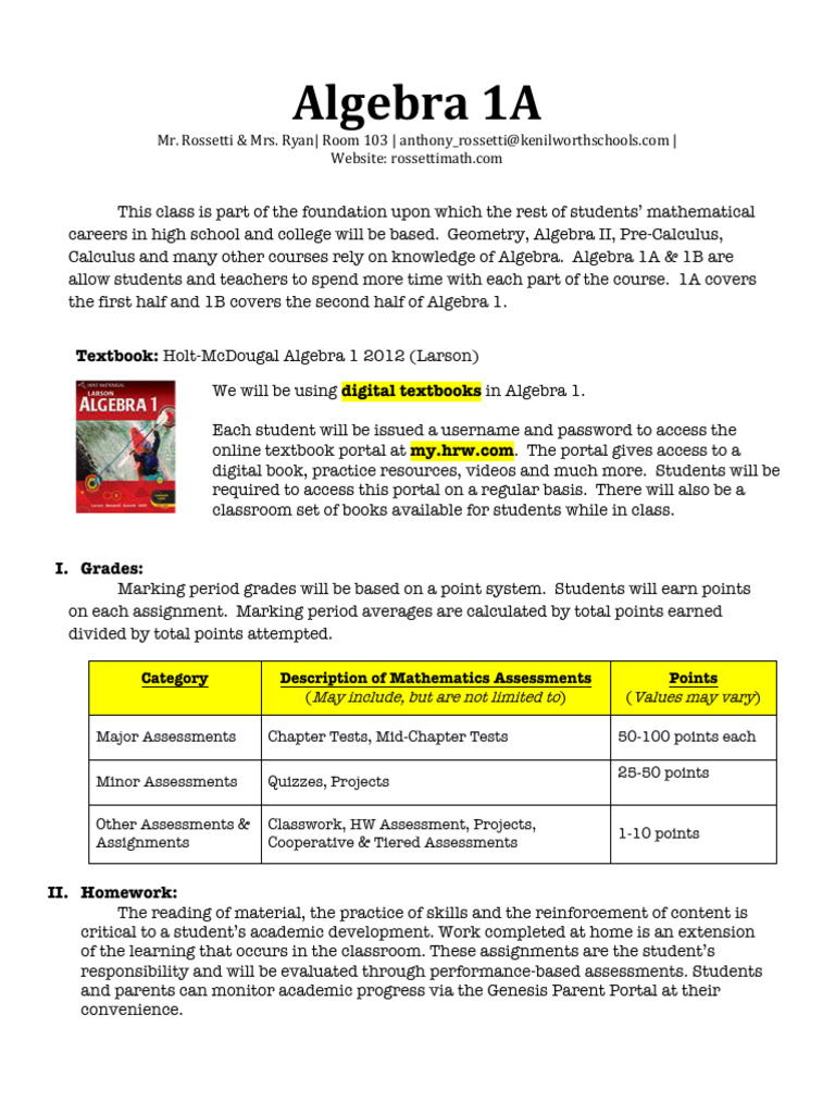 Algebra 1A Course Overview and Guidelines | PDF | Algebra | Mathematics