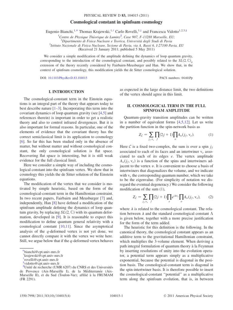 Cosmological Constant in Spinfoam Cosmology (2011) | PDF | General ...