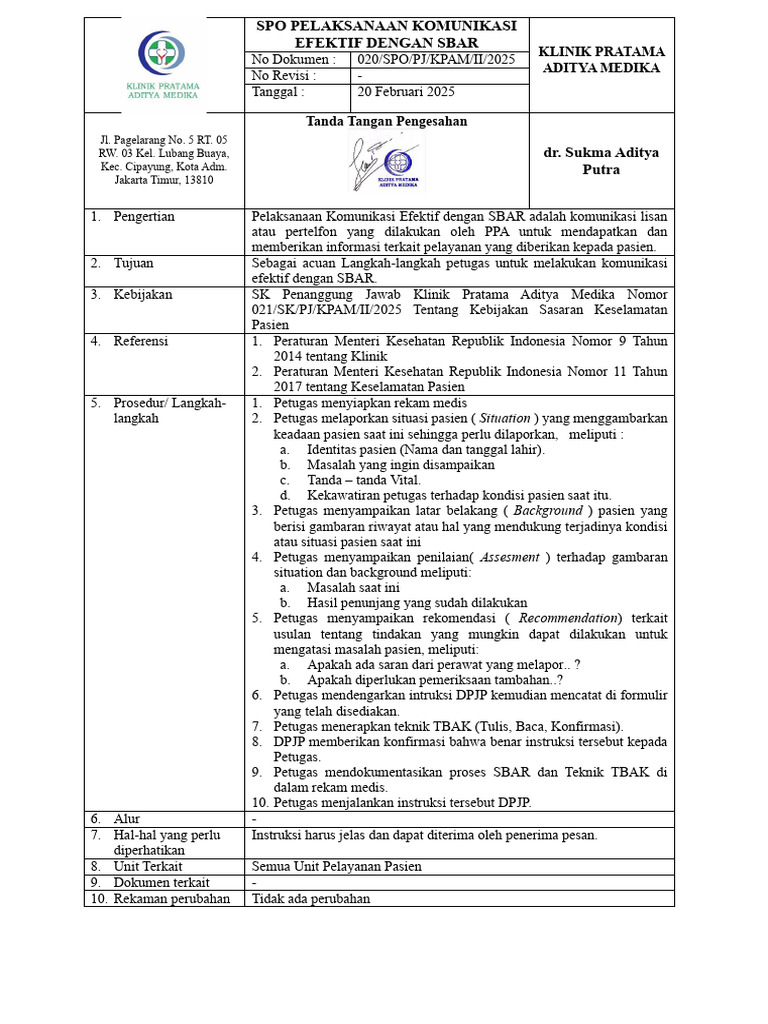 Spo Pelaksanaan Komunikasi Efektif Dengan Sbar. 1 | PDF
