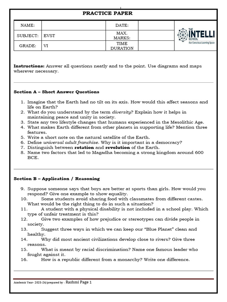 Grade-6 Practice Paper PDF | PDF | Social Psychology