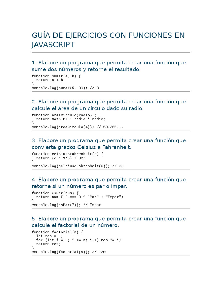 Guía de Ejercicios Con Funciones en Javascript | PDF | Programación de computadoras