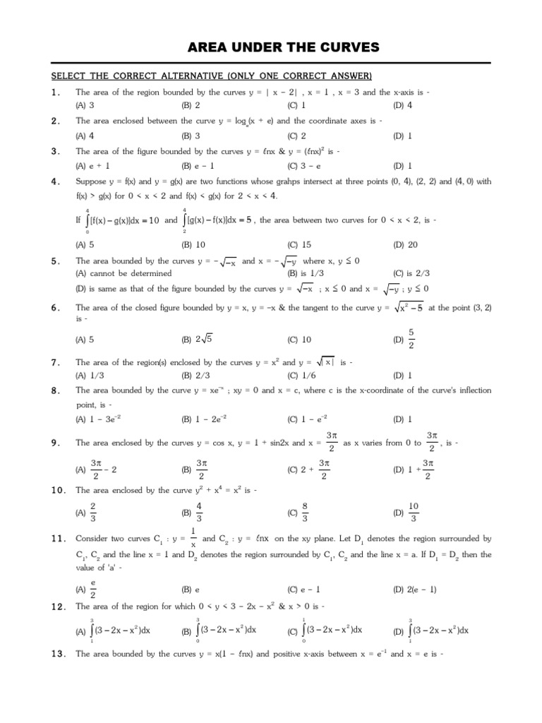 Area Under Curves: Practice Questions | PDF | Area | Cartesian ...