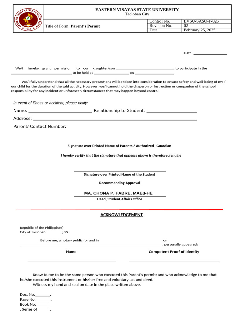 Revised Parents Permit Version 2 | PDF