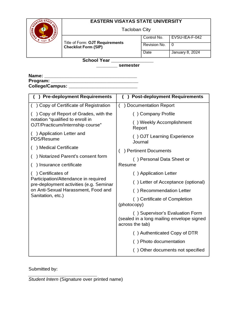 EVSU IEA F 042 OJT Requirements Checklist Form SIP | PDF