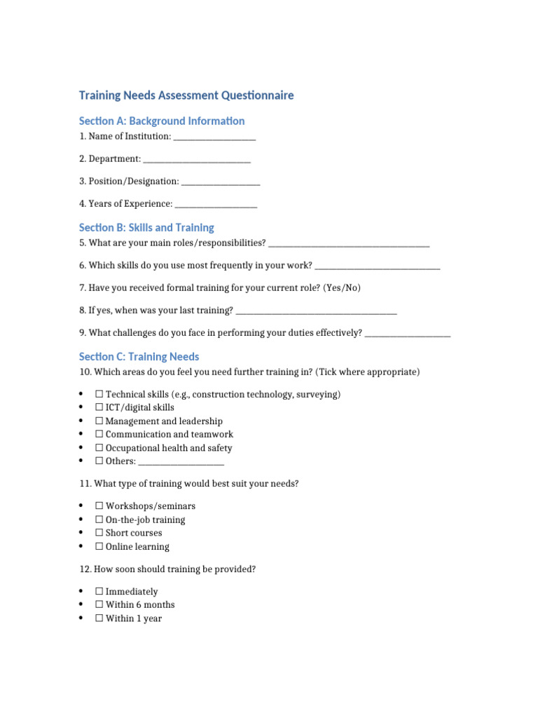 Training Needs Assessment Questionnaire | PDF