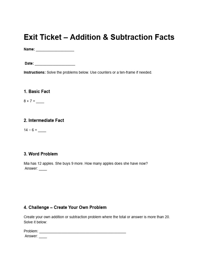 Lesson 8 Exit Ticket: Math Facts | PDF