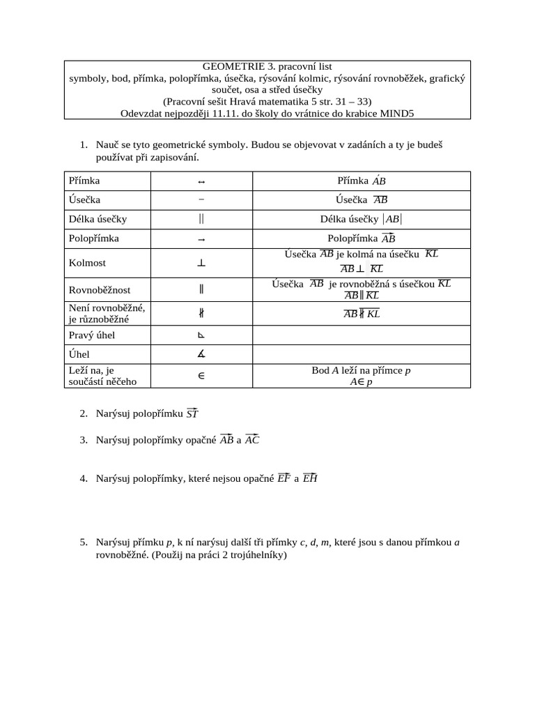 Geometrie 3. Prac. List | PDF