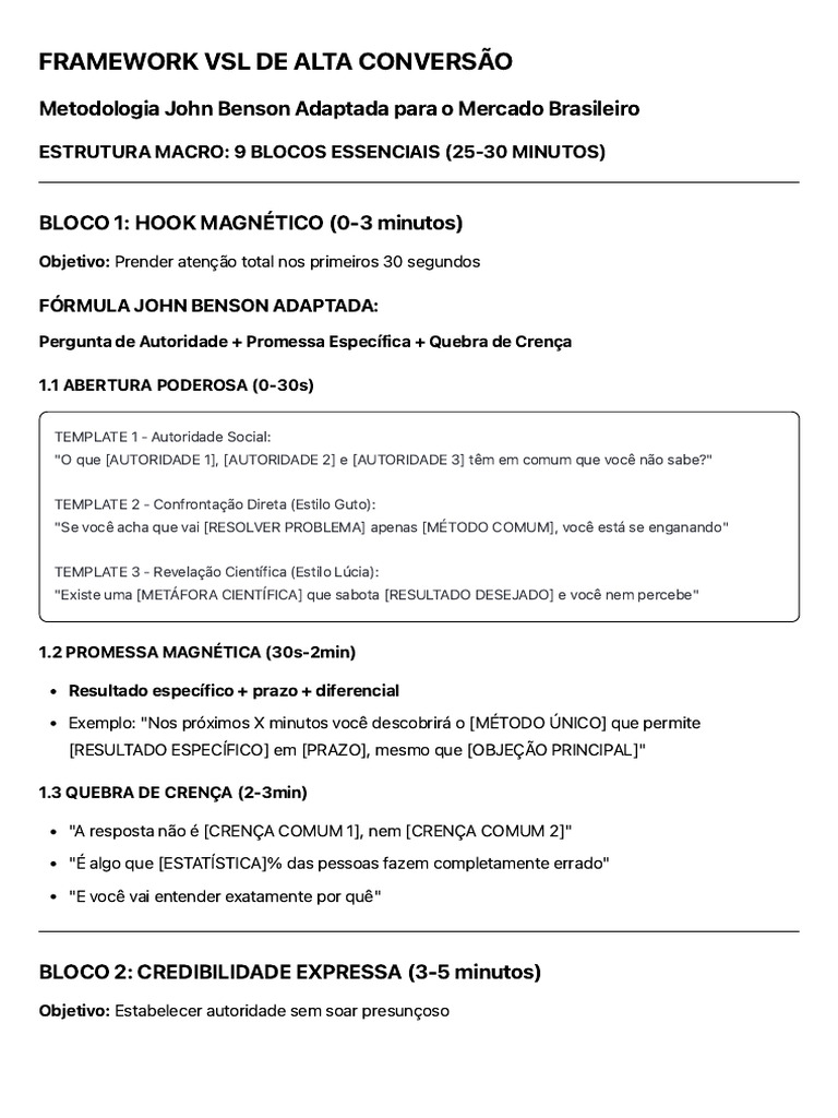 Framework VSL de Alta Conversão - Metodologia John Benson Adaptada | PDF