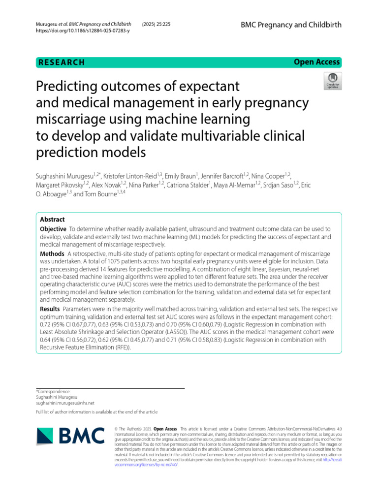 Predicting Outcomes of Expectant and Medical Management in Early Pregnancy Miscarriage Using ...