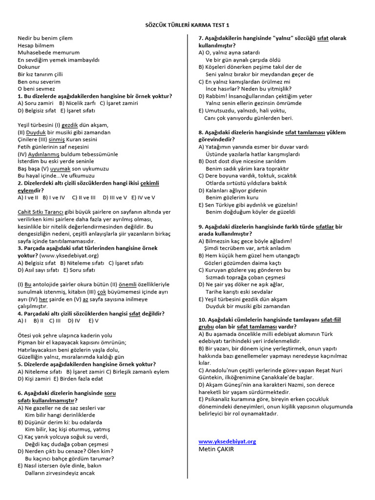 Sözcük Türleri Karma Test 1 | PDF
