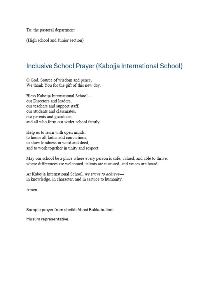 Inclusive School Prayer for Kabojja | PDF