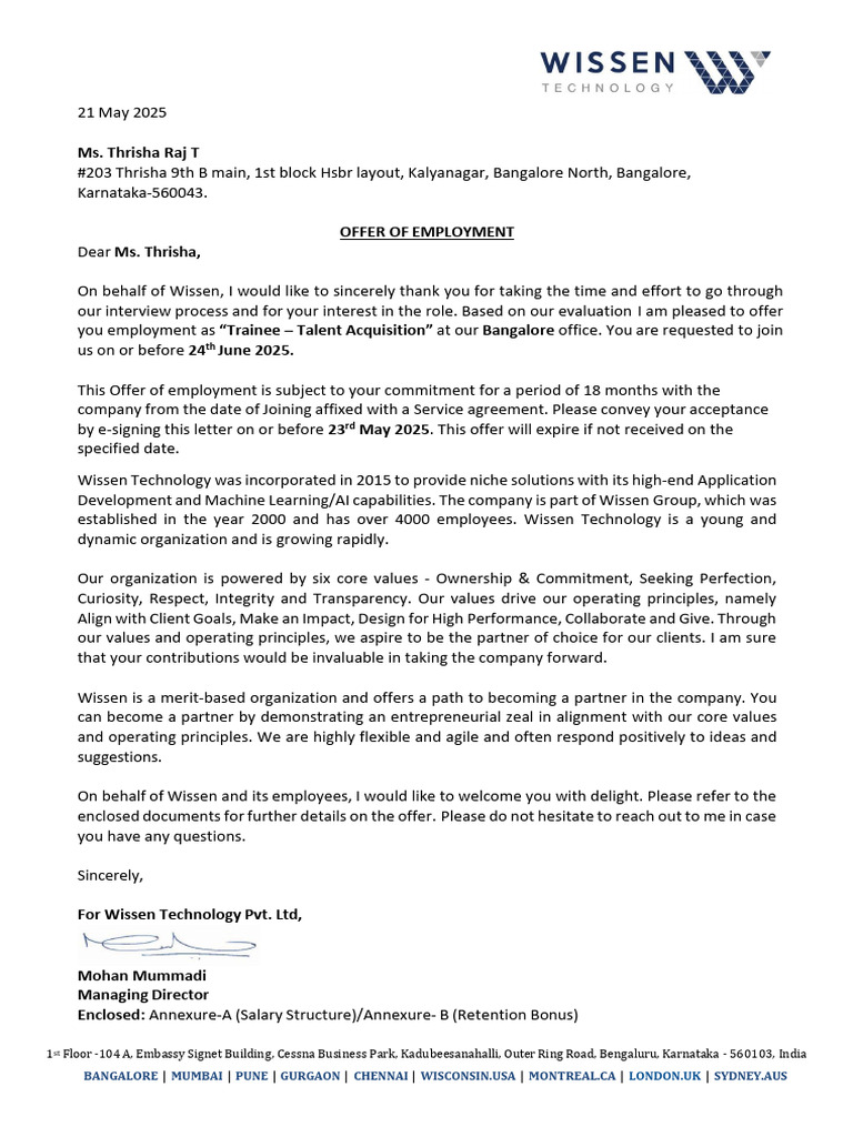 Offer Letter - Wissen - Thrisha Raj T | PDF | Employment | Insurance