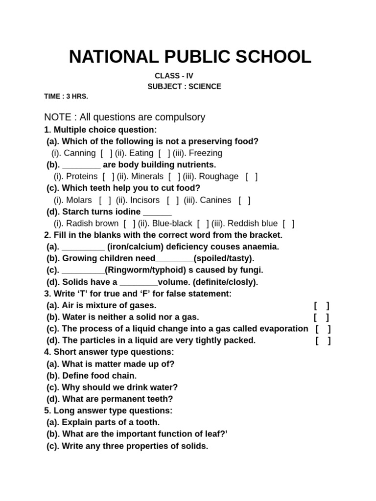 Class IV Science Exam Questions | PDF