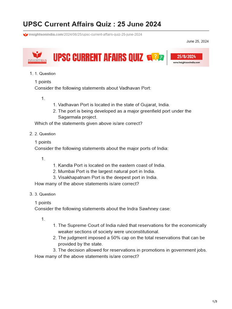 UPSC Current Affairs Quiz 25 June 2024 | PDF