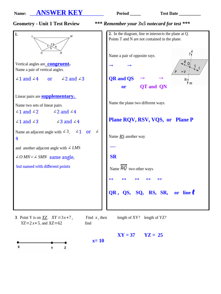 Geometry Unit 1 Test Review Key | PDF | Angle | Triangle
