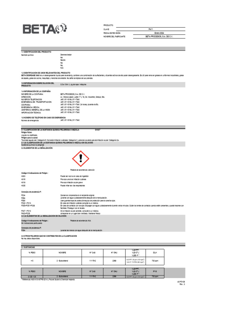 Hoja de Seguridad: Beta Degrease Max | PDF | Agua | Transporte