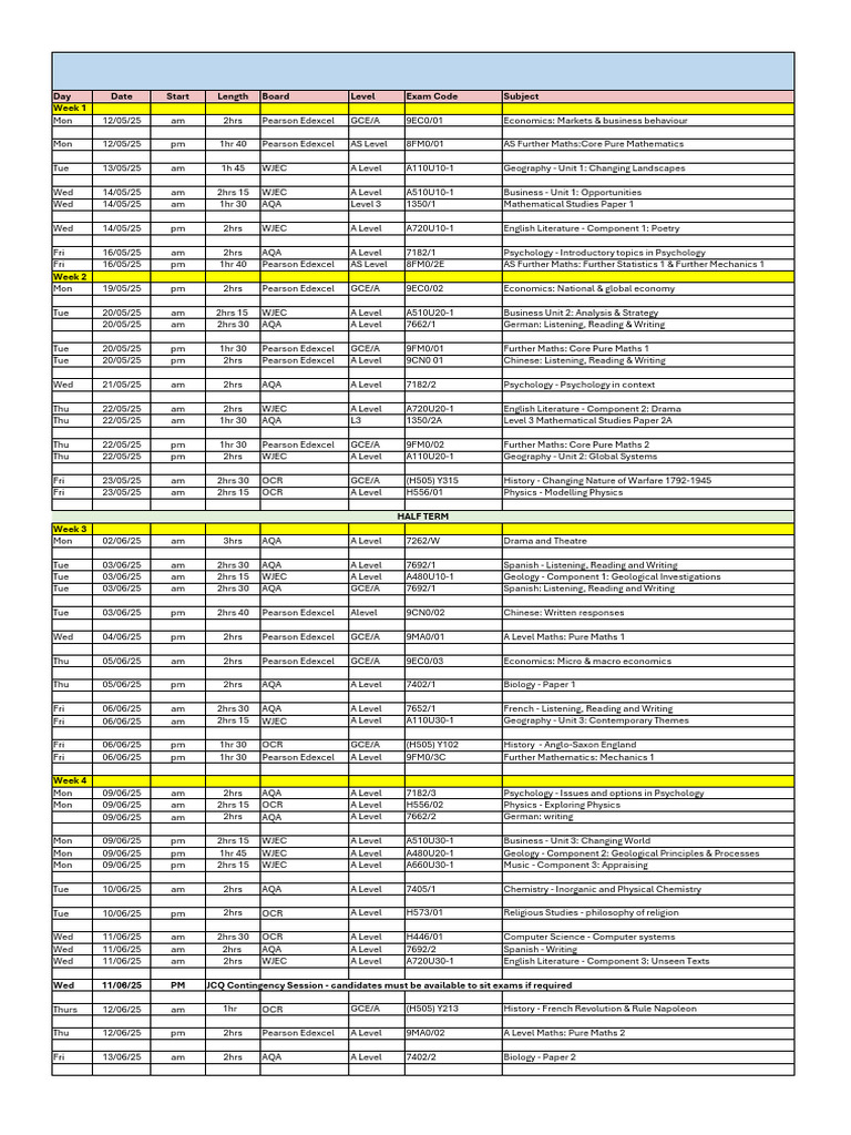 A Level Exam Timetable 2025 | PDF | Mathematics | Student Assessment And Evaluation