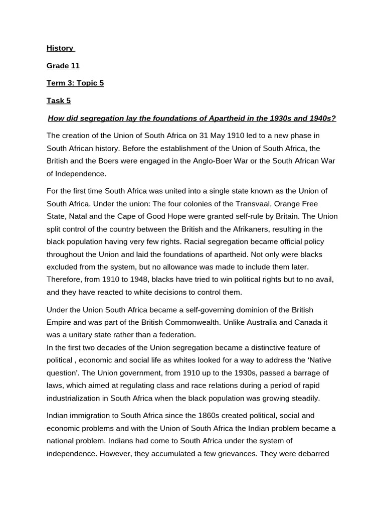 History Grade 11 Essay Topic 5 | PDF | Apartheid | South Africa